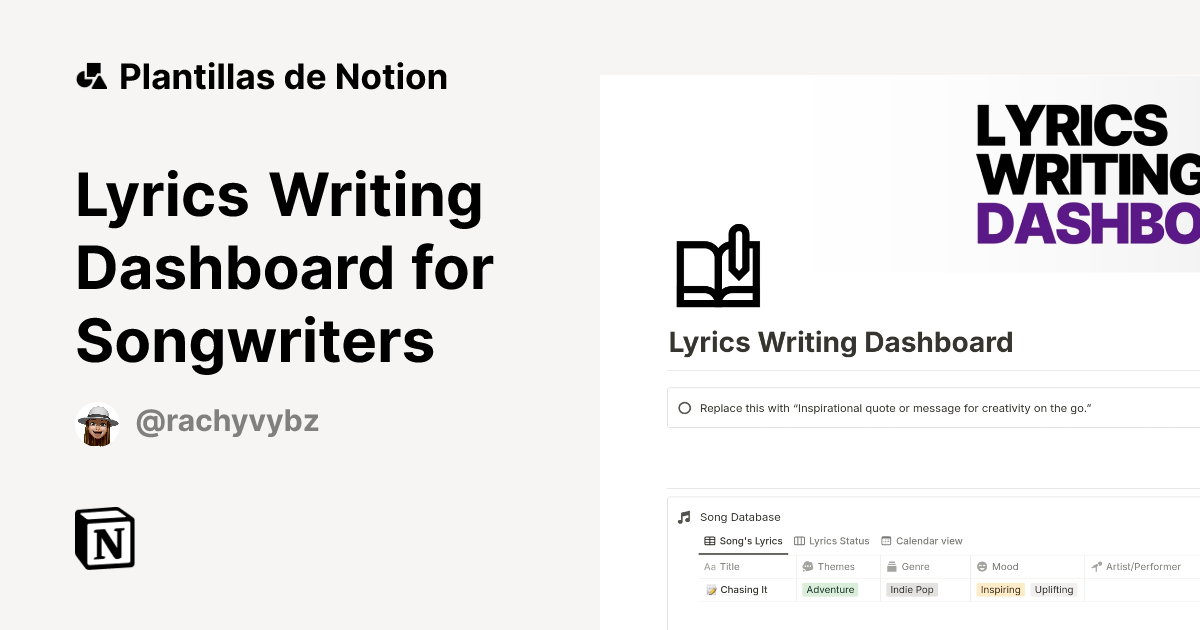 Plantilla Lyrics Writing Dashboard for Songwriters | Notion Marketplace