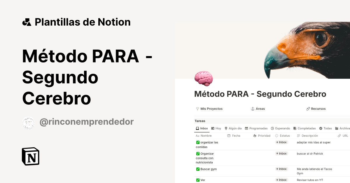 Plantilla Método PARA - Segundo Cerebro de Rincón Emprendedor | Notion Marketplace
