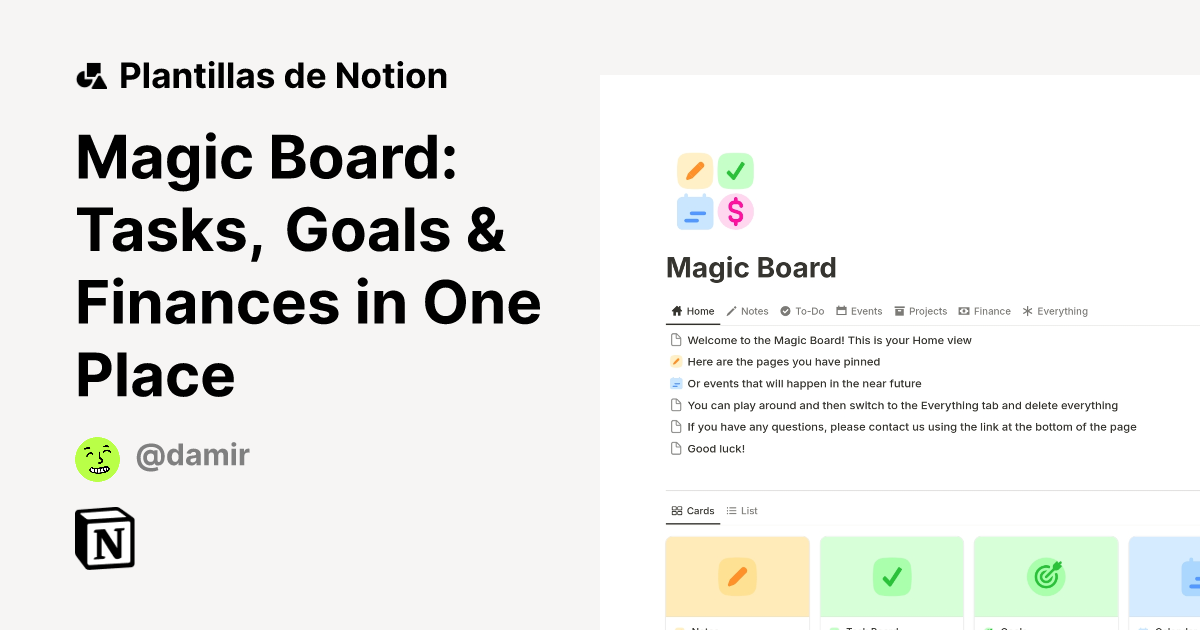 Plantilla Magic Board: Tasks, Goals & Finances in One Place de Damir | Notion Marketplace