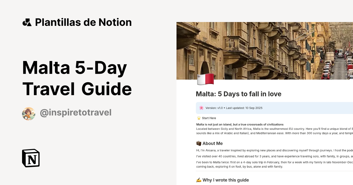 Plantilla Malta 5-Day Travel Guide | Notion Marketplace