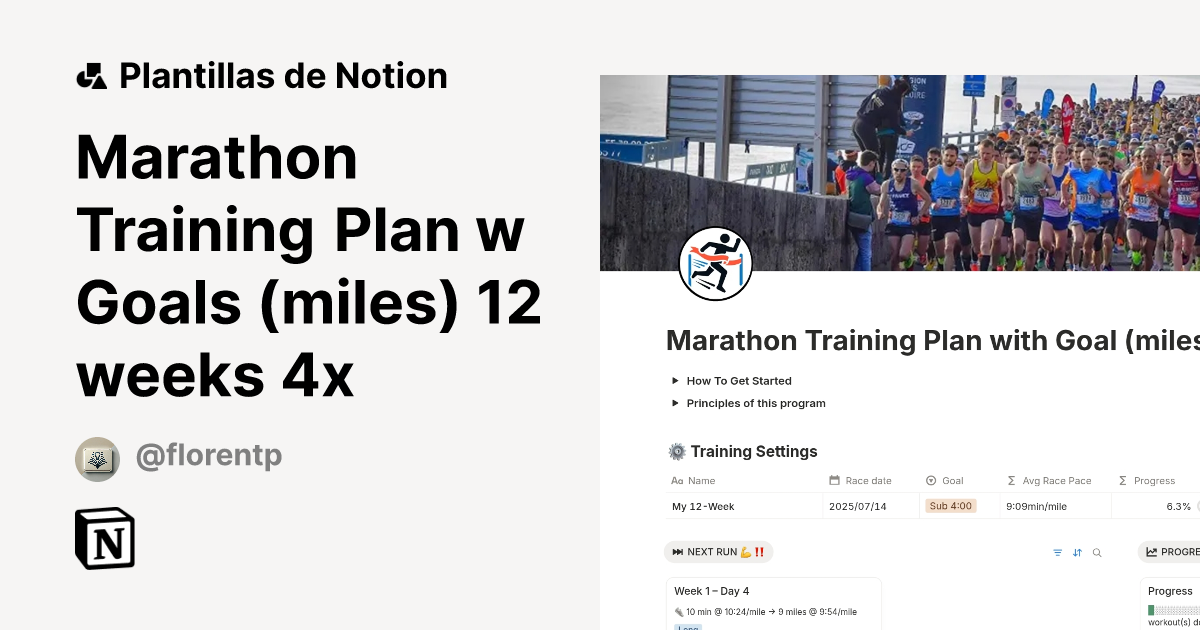 Plantilla Marathon Training Plan w Goals (miles) 12 weeks 4x de ...