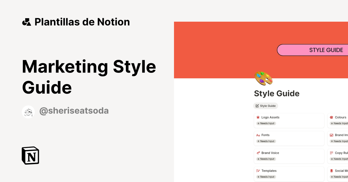 Plantilla Marketing Style Guide de Sherise at Soda | Notion Marketplace