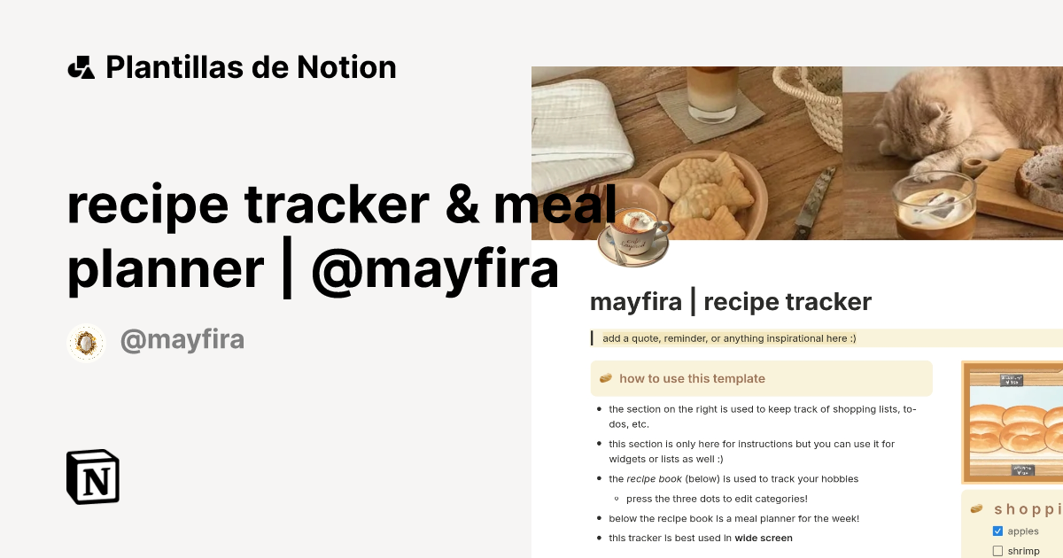 Plantilla recipe tracker & meal planner | @mayfira | Notion Marketplace