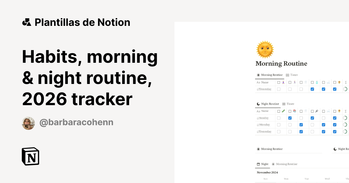 Plantilla Habits, morning & night routine, 2026 tracker de Bárbara ...