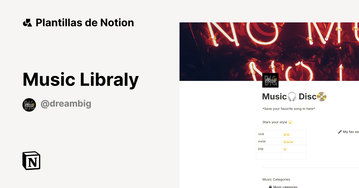 Plantilla Music Libraly de Dream Big | Notion Marketplace