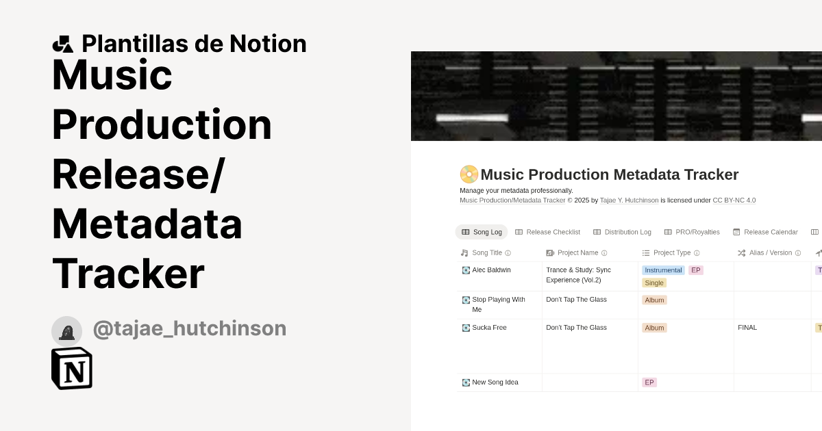 Plantilla Music Production Release/Metadata Tracker de Tajae Y ...