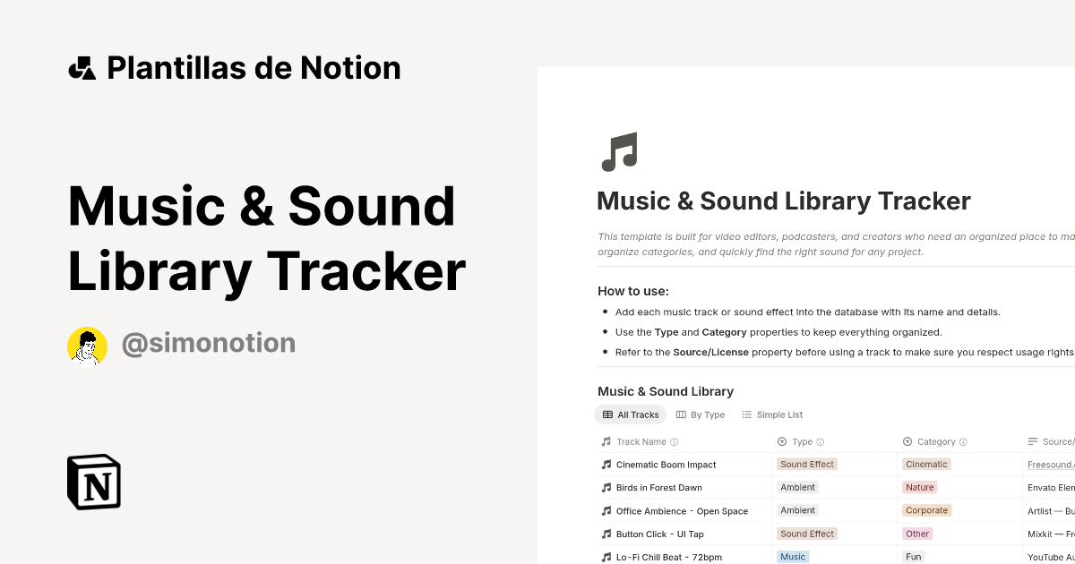 Plantilla Music & Sound Library Tracker de Simo | Notion Marketplace