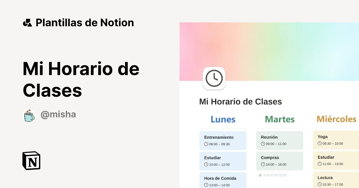 Plantilla Mi Horario de Clases de Misha | Notion Marketplace
