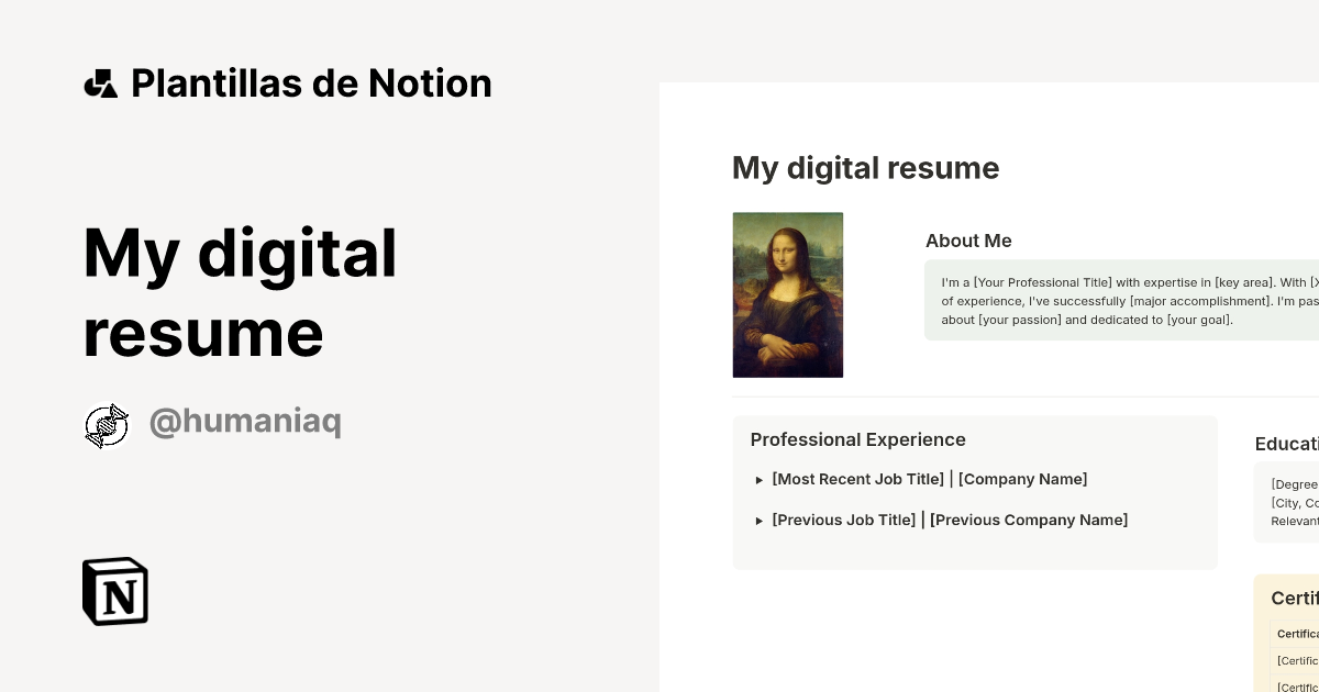 Plantilla My digital resume de Humaniaq | Notion Marketplace