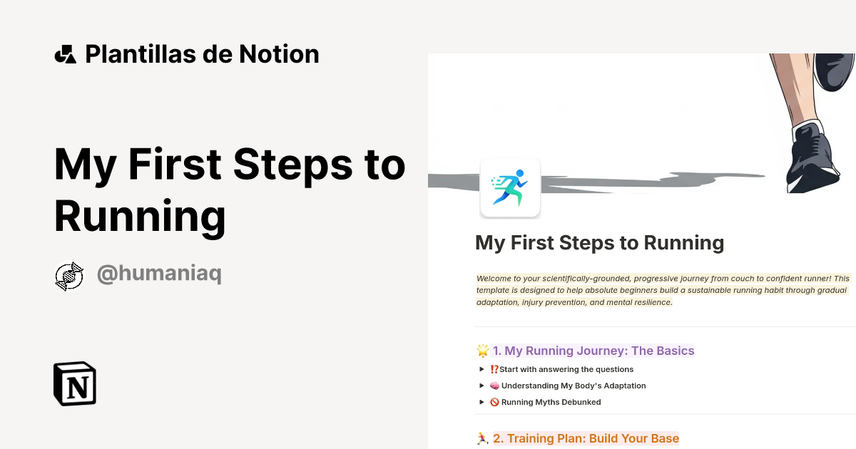 Plantilla My First Steps to Running de Humaniaq | Notion Marketplace
