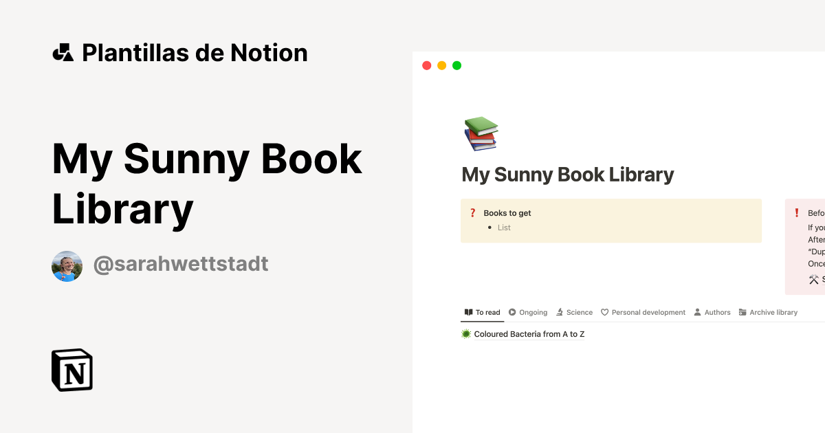 Plantilla My Sunny Book Library de Sarah Wettstadt | Notion Marketplace