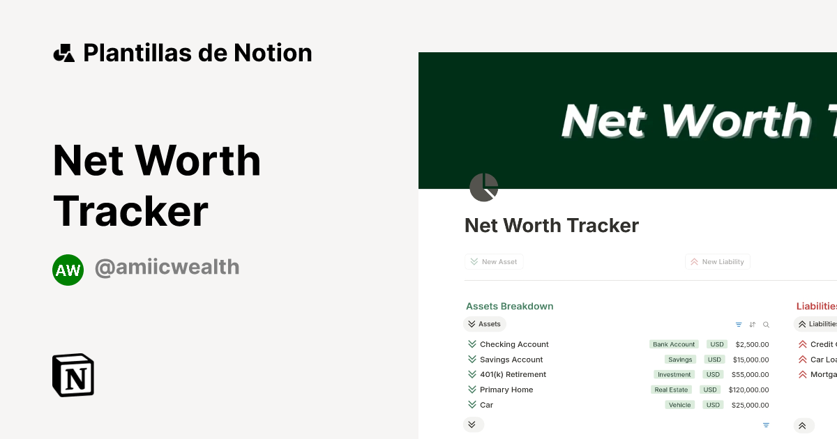 Plantilla Net Worth Tracker de AMIIC Wealth | Notion Marketplace