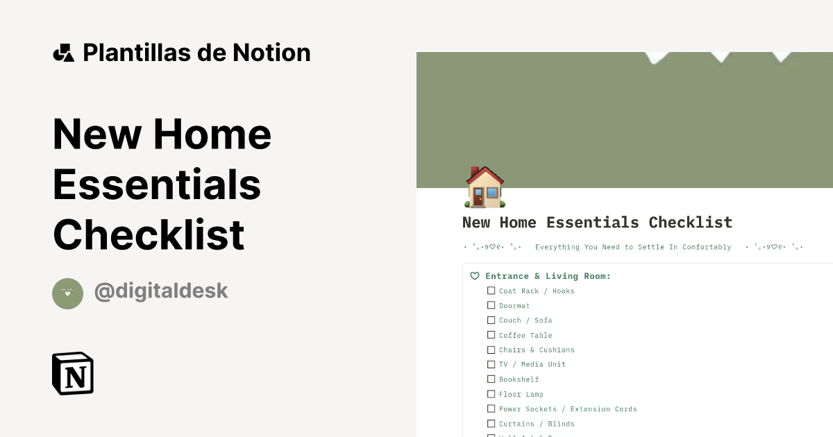Plantilla New Home Essentials Checklist | Notion Marketplace