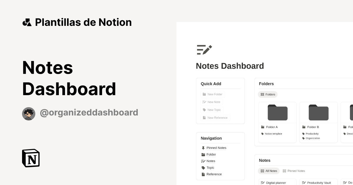 Plantilla Notes Dashboard de organized dashboard | Notion Marketplace