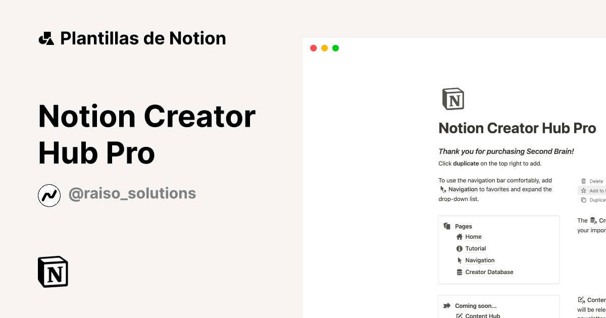 Plantilla Notion Creator Hub Pro de Raiso Solutions | Notion Marketplace