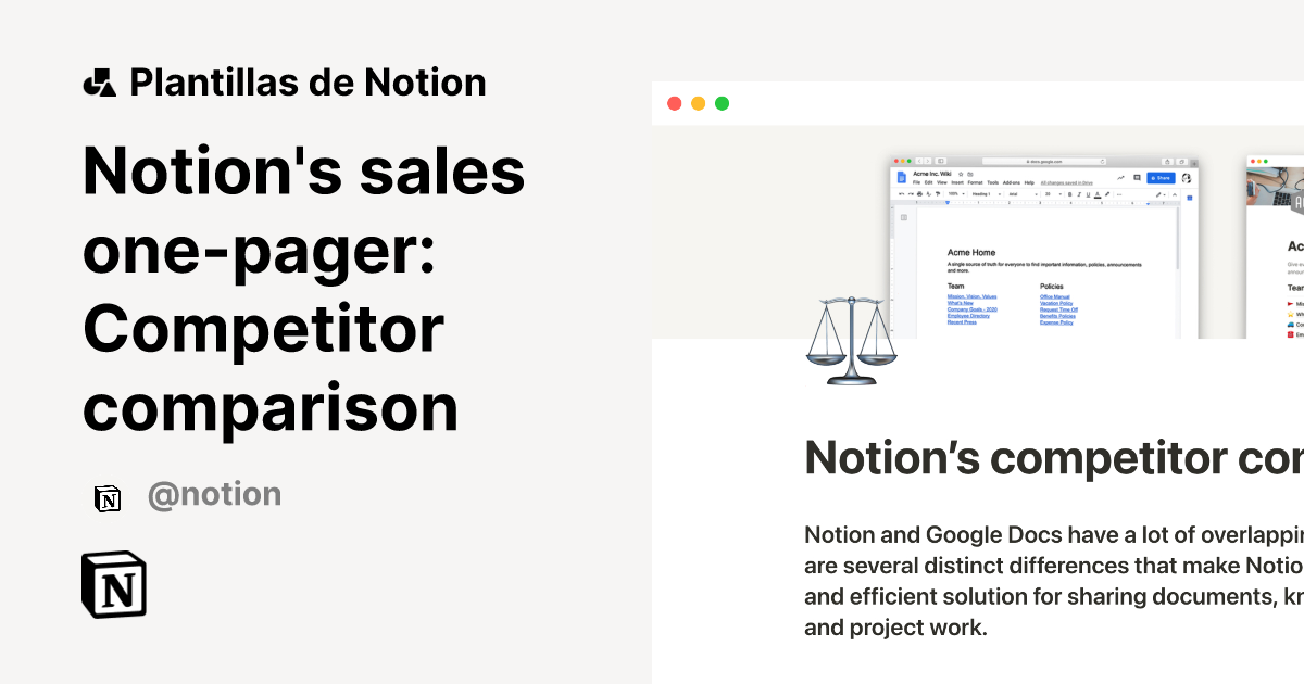 Plantilla Notion's sales one-pager: Competitor comparison de Notion | Notion Marketplace