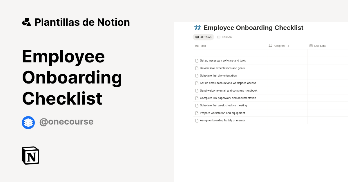 Plantilla Employee Onboarding Checklist de One Course | Notion Marketplace