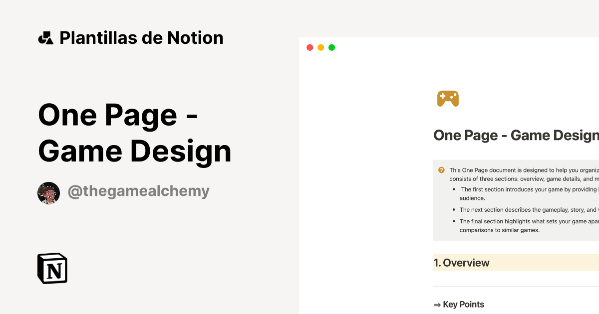 Plantilla One Page - Game Design | Notion Marketplace