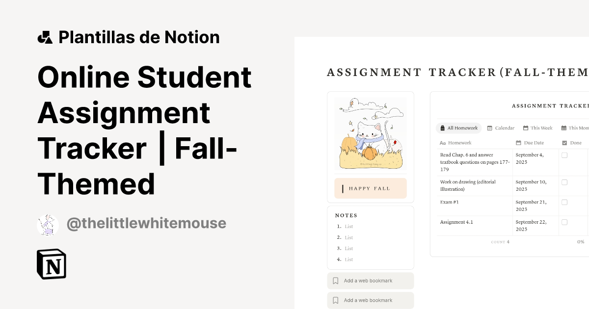 Plantilla Online Student Assignment Tracker | Fall-Themed de The Little White Mouse | Notion ...