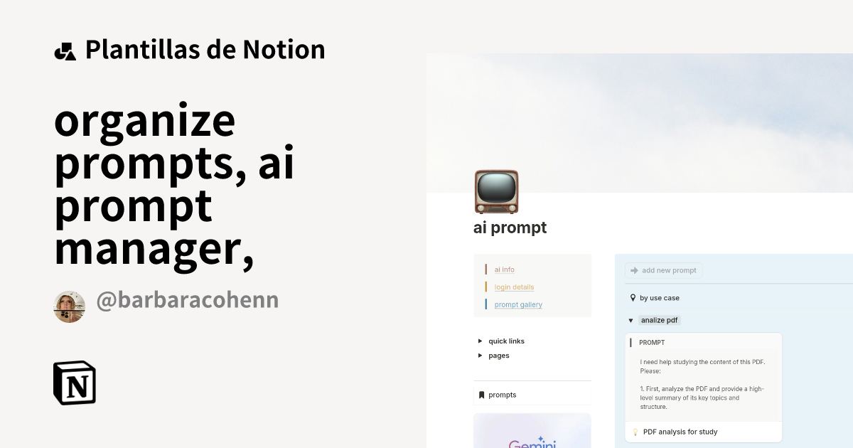 Plantilla organize prompts, ai prompt manager, | Notion Marketplace