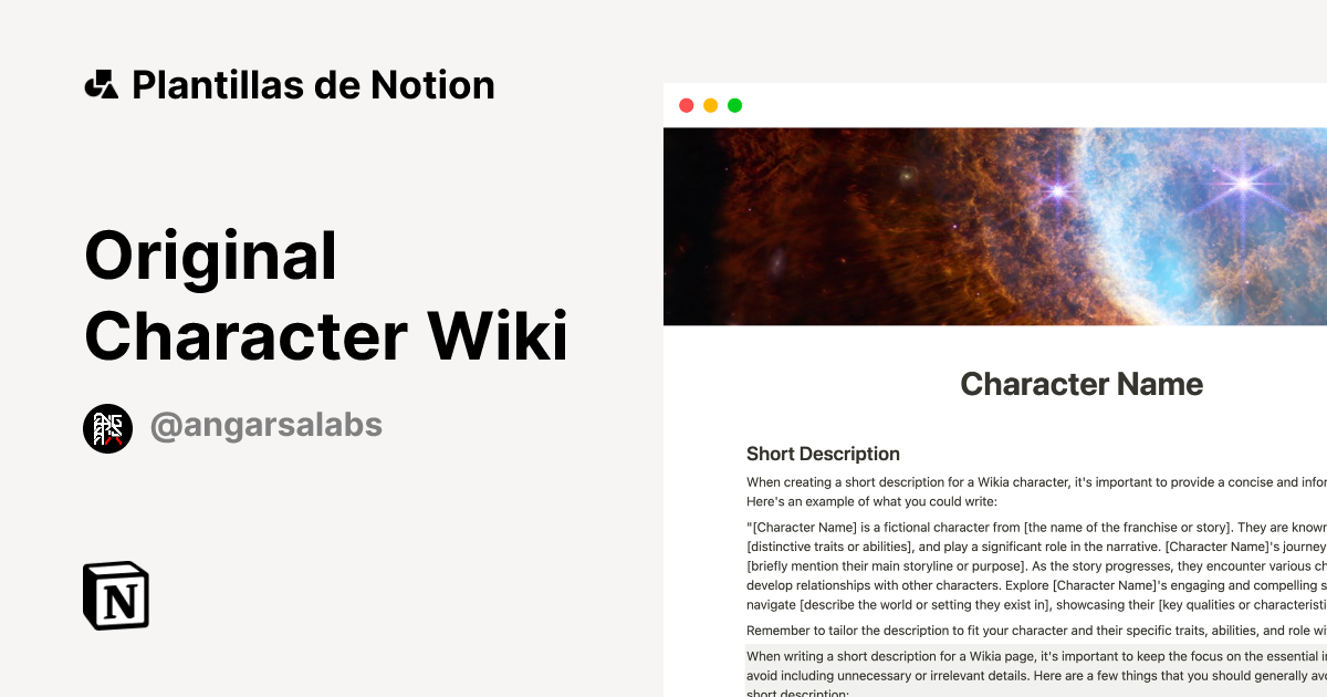 Plantilla Original Character Wiki de Angarsa Labs | Notion Marketplace