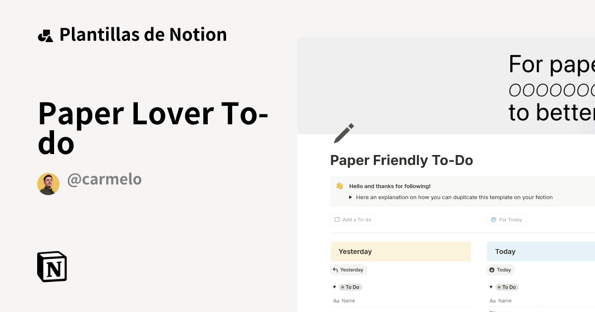 Plantilla Paper Lover To-do de Carmelo Squillaci | Notion Marketplace