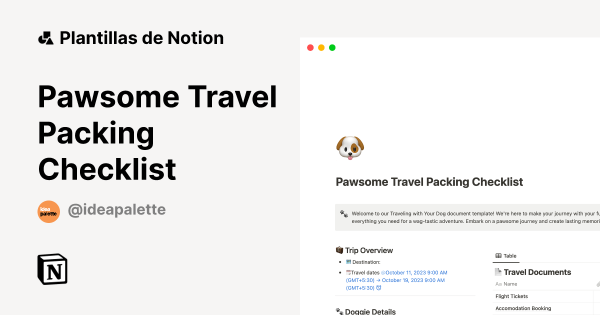 Plantilla Pawsome Travel Packing Checklist | Notion Marketplace