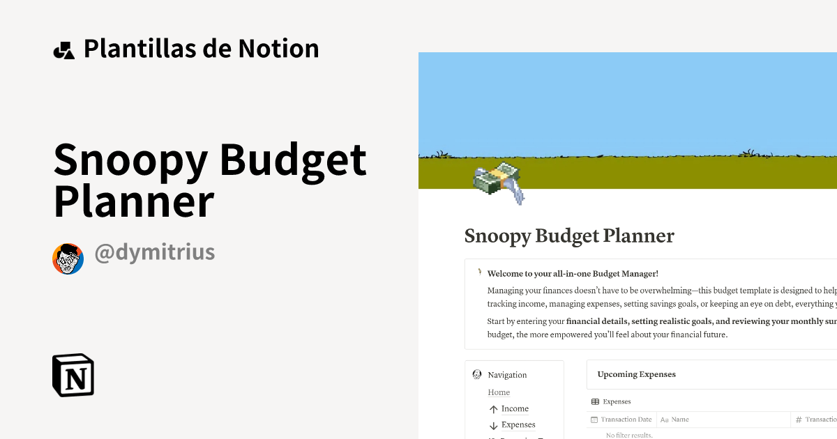 Plantilla Snoopy Budget Planner de Dymitrius Morales | Notion Marketplace