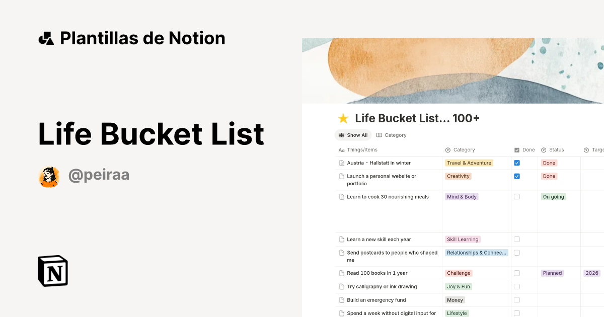 Plantilla Life Bucket List | Notion Marketplace