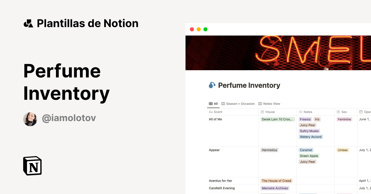 Plantilla Perfume Inventory de irinamolotov | Notion Marketplace