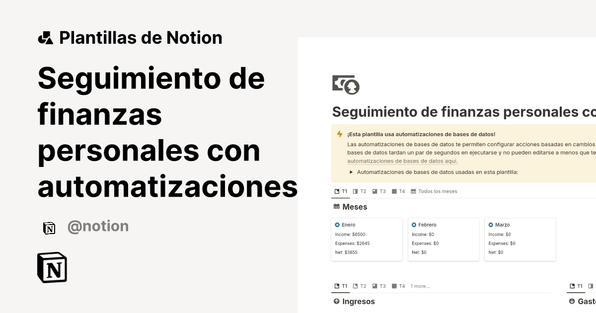 Plantilla Seguimiento de finanzas personales con automatizaciones de Notion | Notion Marketplace