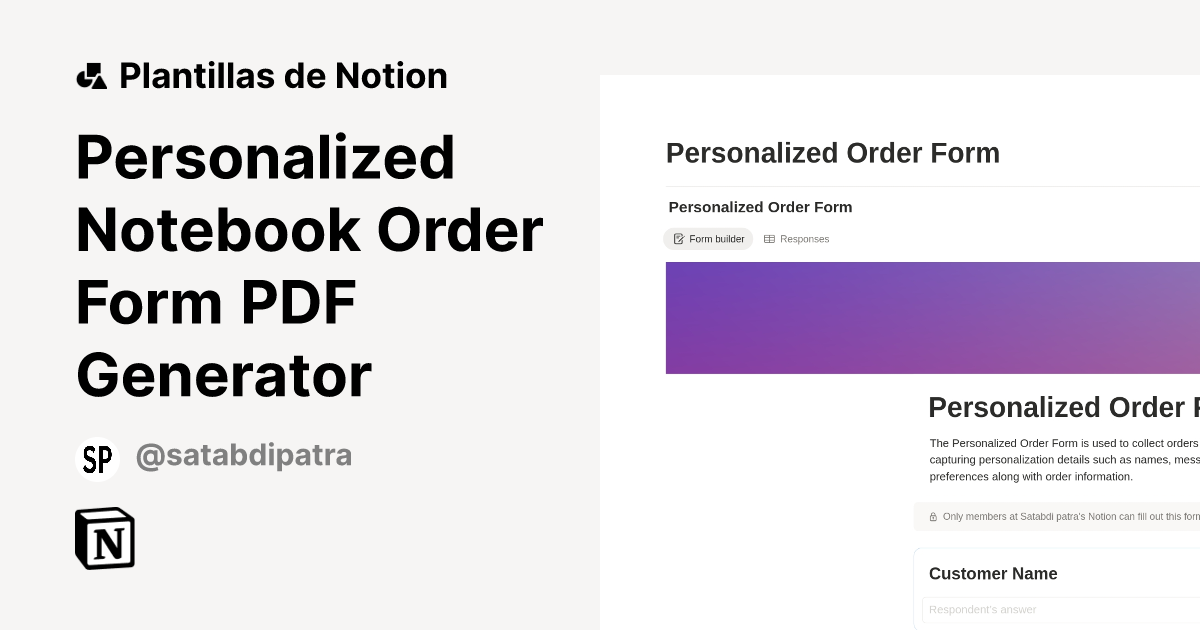 Plantilla Personalized Notebook Order Form PDF Generator de Satabdi ...