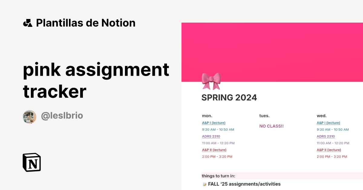 Plantilla pink assignment tracker de Lesly | Notion Marketplace