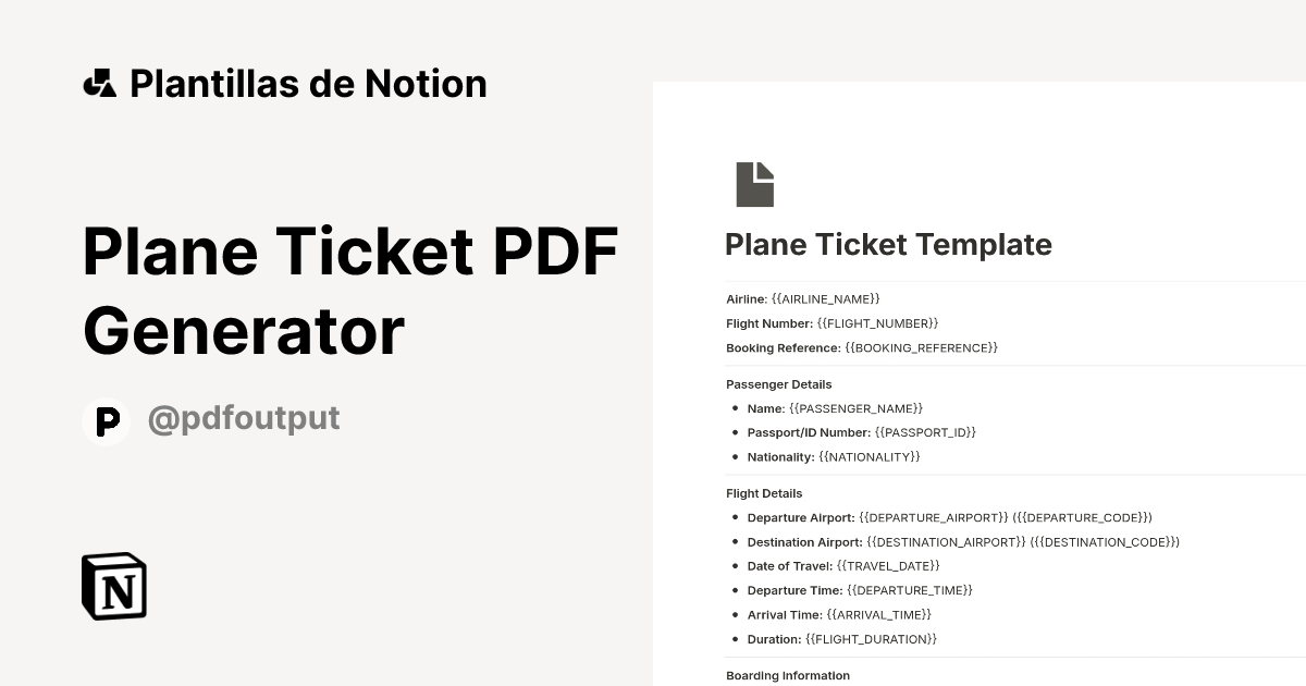 Plantilla Plane Ticket PDF Generator | Notion Marketplace