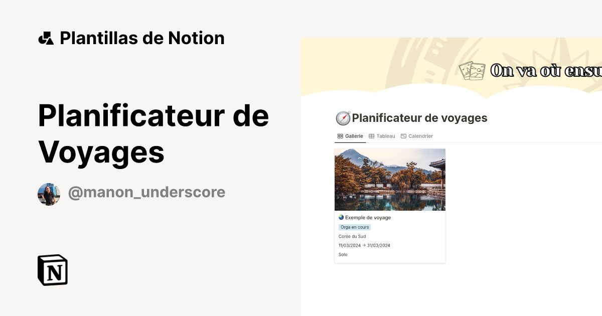Plantilla Planificateur de Voyages de Manon_Underscore | Notion Marketplace