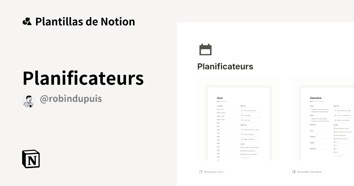 Plantilla Planificateurs de Robin Dupuis | Notion Marketplace