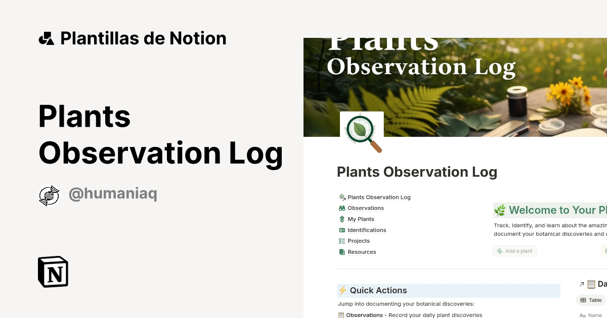 Plantilla Plants Observation Log de Humaniaq | Notion Marketplace