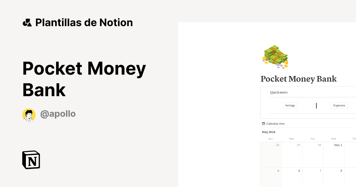 Plantilla Pocket Money Bank de Apollo | Notion Marketplace