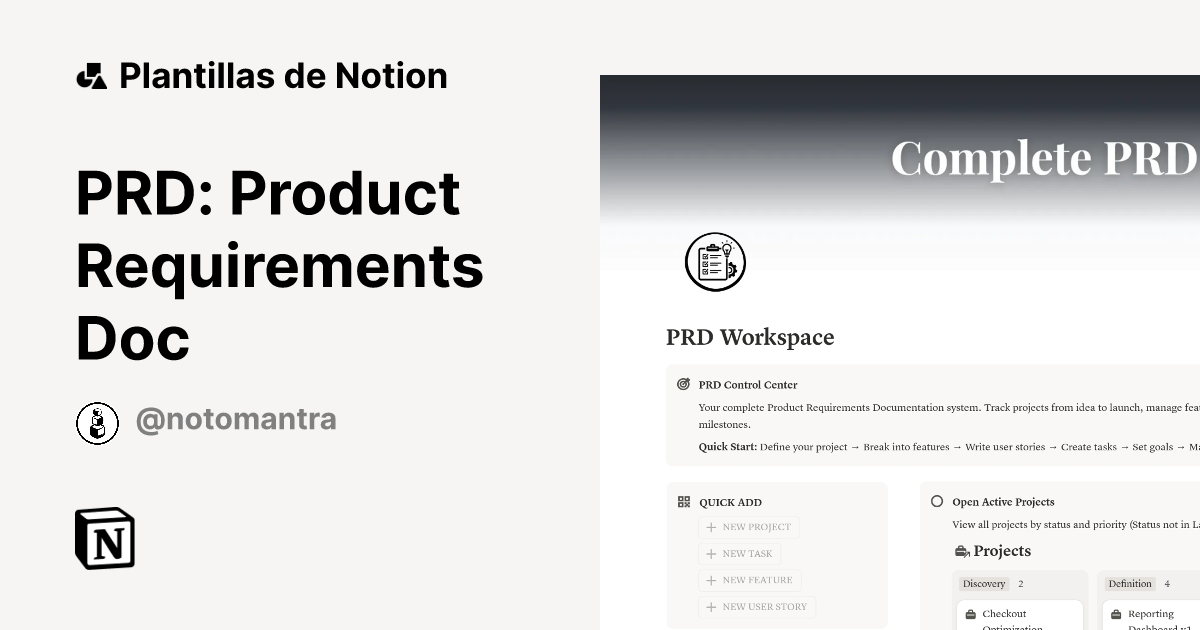Plantilla PRD: Product Requirements Doc de NotoMantra | Notion Marketplace