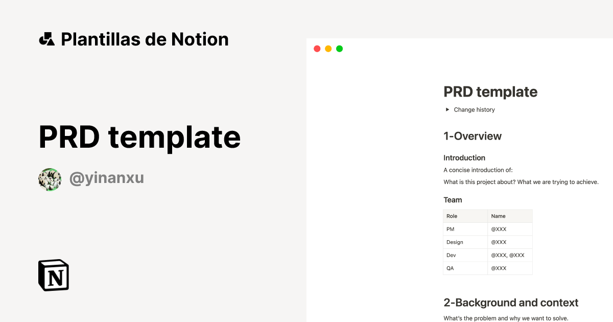 Plantilla PRD template de Yinan Xu | Notion Marketplace