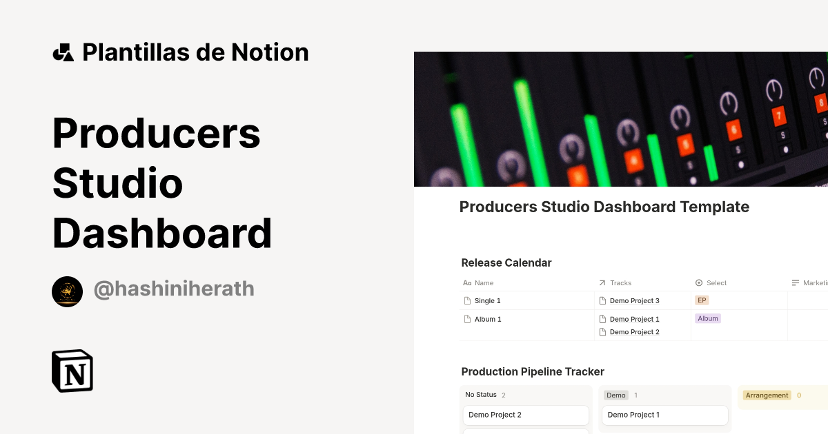 Plantilla Producers Studio Dashboard de Hashini Herath Music | Notion ...