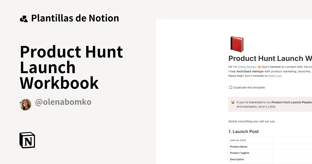 Plantilla Product Hunt Launch Workbook de Olena Bomko | Notion Marketplace