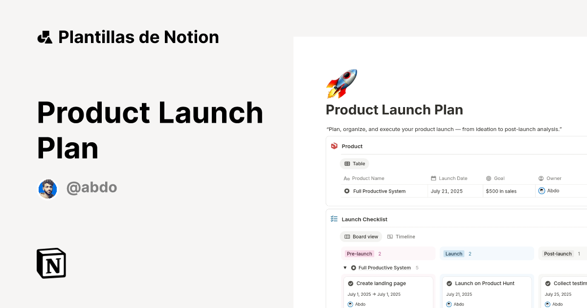 Plantilla Product Launch Plan de Abdo Karmalla | Notion Marketplace