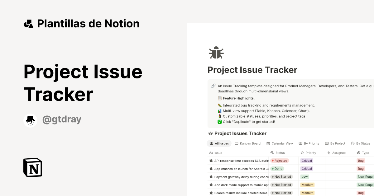 Plantilla Project Issue Tracker | Notion Marketplace