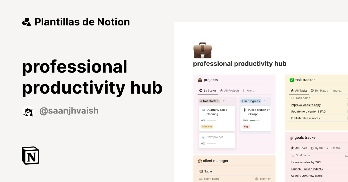 Plantilla professional productivity hub de saanjh | Notion Marketplace