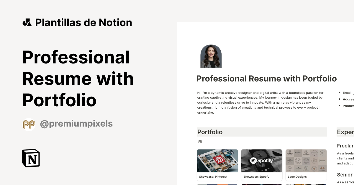 Plantilla Professional Resume with Portfolio de Premium Pixels | Notion ...