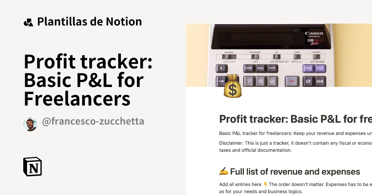 Plantilla Profit tracker: Basic P&L for Freelancers | Notion Marketplace