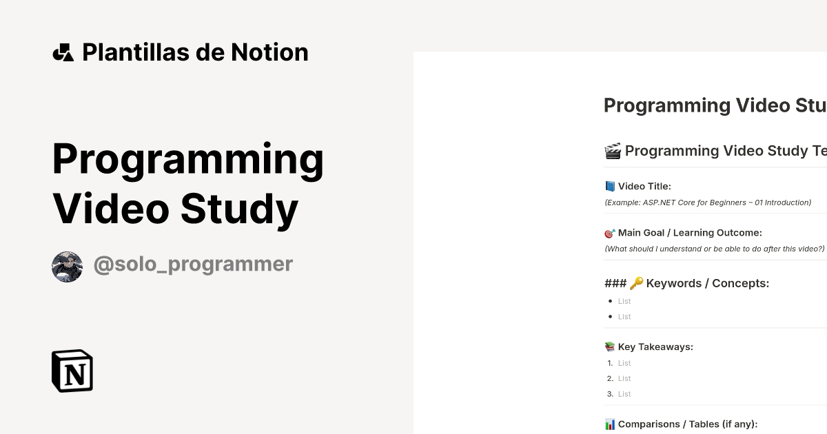 Plantilla Programming Video Study de Solo_Programmer | Notion Marketplace