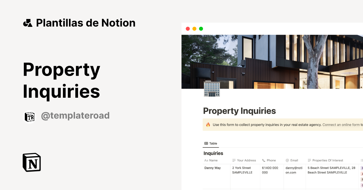 Plantilla Property Inquiries de Template Road | Notion Marketplace