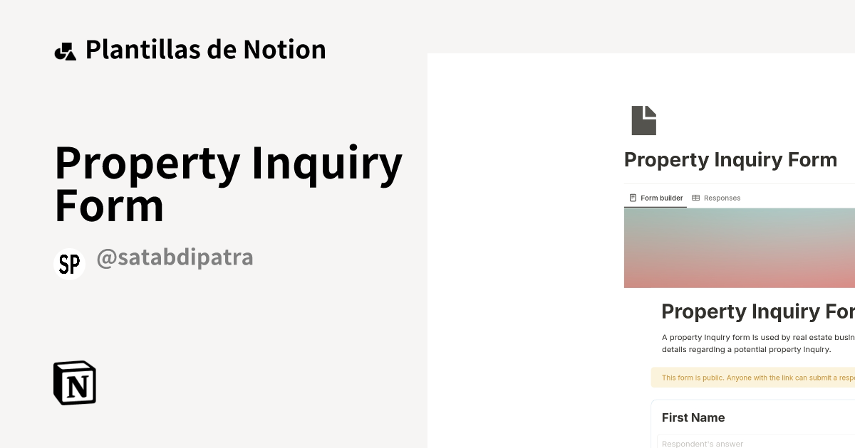 Plantilla Property Inquiry Form de Satabdi Patra | Notion Marketplace